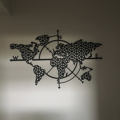 Metal World Map Compass, Metal Wall Decor, Art Work, World Map Wall Art ...