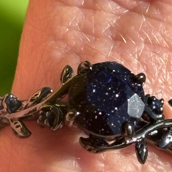 Black Gold Starry Sky Blue Sandstone Ring Branch Leaf Round Blue ...