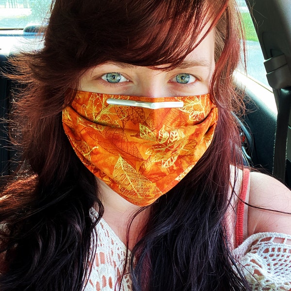 Set of 2 Cotton Face Masks- Autumn Colors Orange W/gold Fall Leaves - Etsy