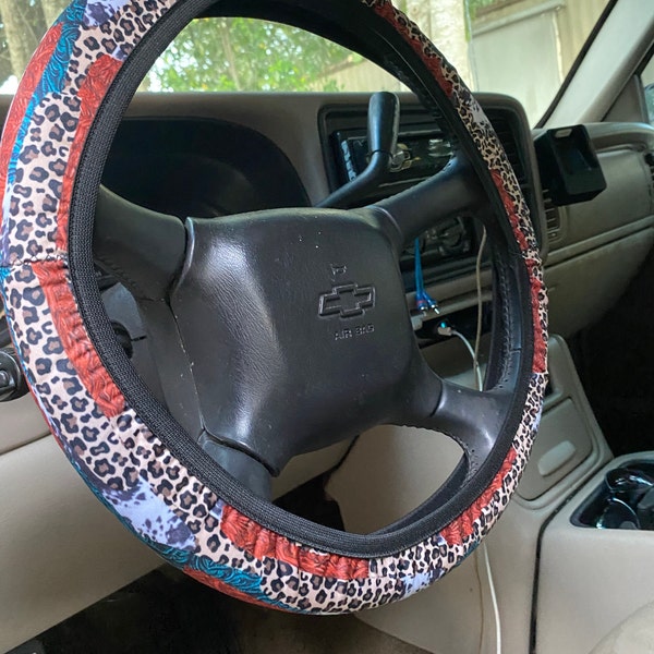Tooled Leather, Cowhide & Leopard Brushstroke Pattern Steering Wheel ...