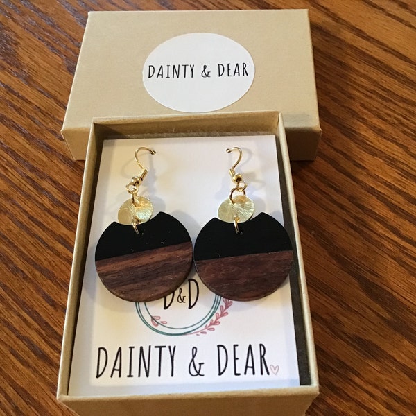 Small Black & Wood Circle Earrings With Disc | Classic Round Resin and ...