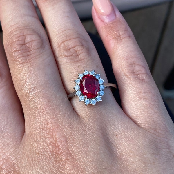 2ct Halo Ruby Ring/oval Cut Ruby Engagement Ring/ Sterling Silver ...