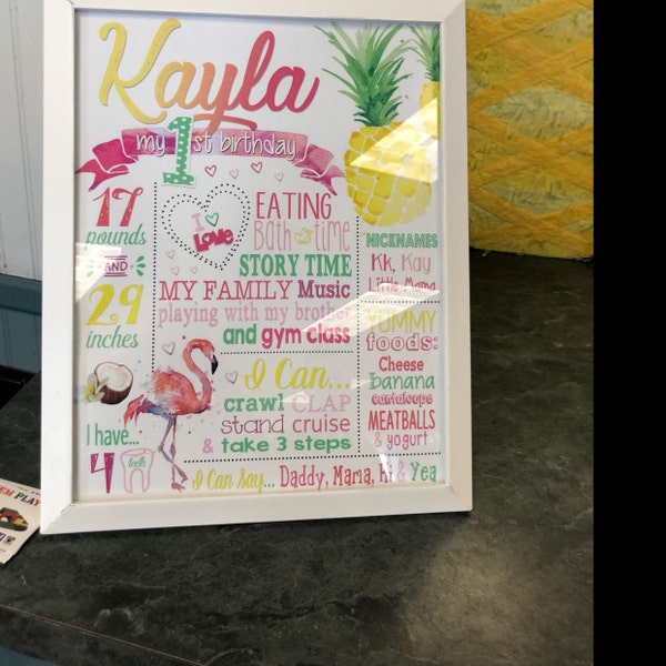 Flamingo First Birthday Board, Tropical Milestone Birthday White ...