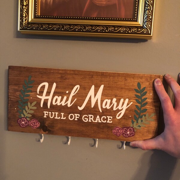 Hail Mary Wood Sign Rosary Hanger, Hand-painted, Home Decor, Prayer ...