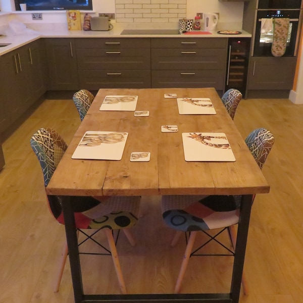 Industrial Dining Table Rustic Solid Kitchen Farmhouse Steel Reclaimed ...