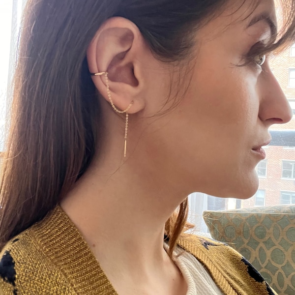 14K Solid Gold Ear Cuff No Piercing Simple Design Wrap Earrings, Golden Cartilage Conch Helix No ...