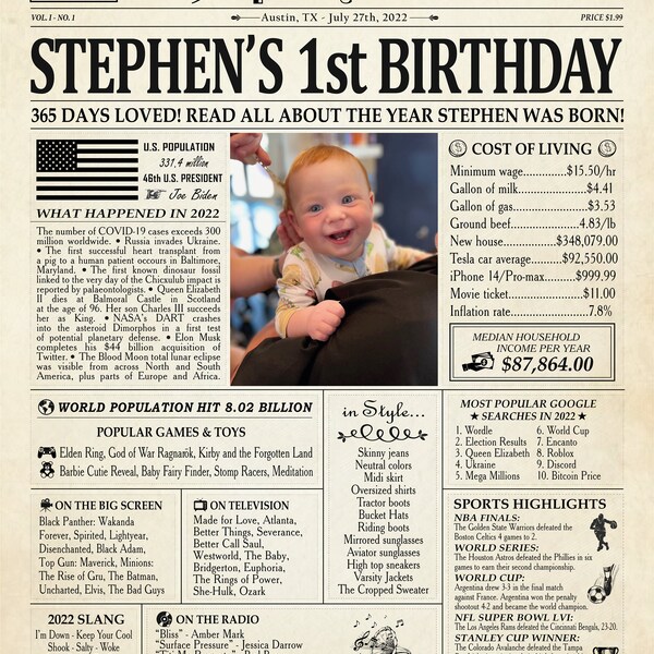 1st Birthday Newspaper Poster Sign, 1st Birthday Gift for Son or ...