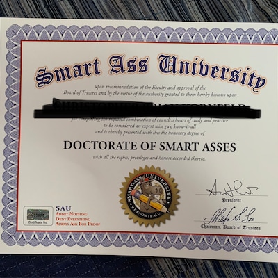 PERSONALIZED Smart Ass University Certificate Digital or Printed Funny ...