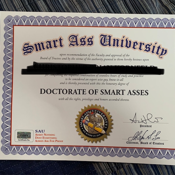 PERSONALIZED Smart Ass University Certificate - Digital or Printed ...