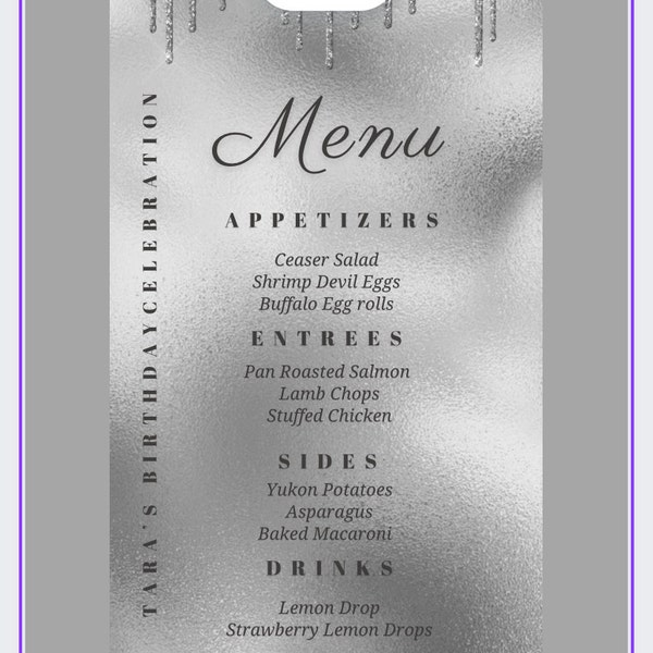 Editable Silver Menu Card Template, Silver Glitter Drip Menu Cards ...