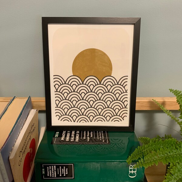 Waves & Sun Art Print - Black Ochre | Sun Art | Modern Art | Minimalist ...