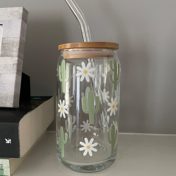 Western Cactus and Daisy Glass Cup, Iced Coffee Cup, Coffee Cup, Cold ...