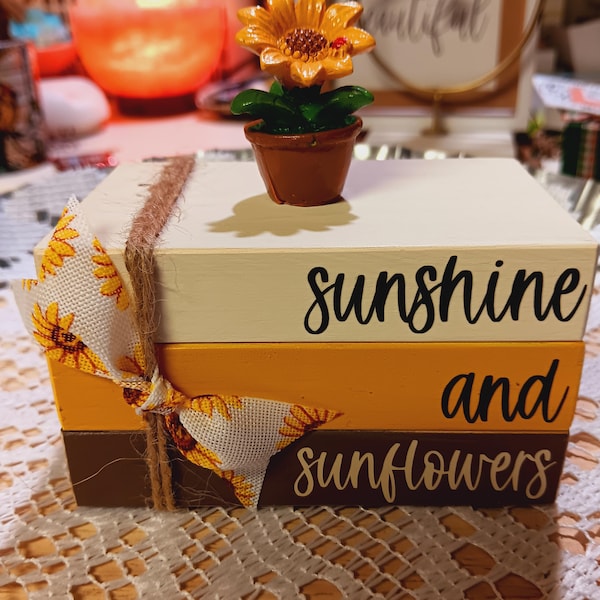 Sunflower Mini Wood Book Stack/ Home Decor/ Wood Books/ Tier Tray Decor ...