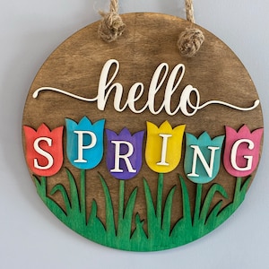 Hello Spring Tulips Sign, Round Door Hanger Svg, Spring Welcome Sign ...