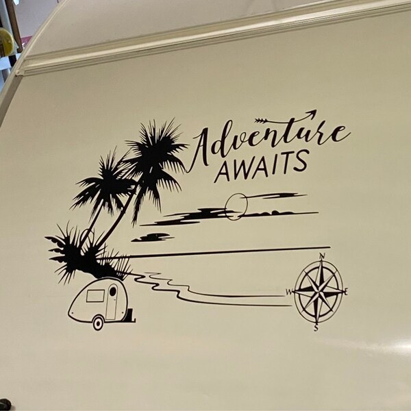 Adventure Awaits RV Decal: Coastal Palm Tree Camper Decoration - Etsy
