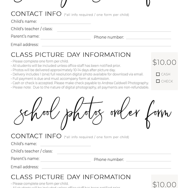 School Photography Order Form, Photography Forms, School Photographer ...