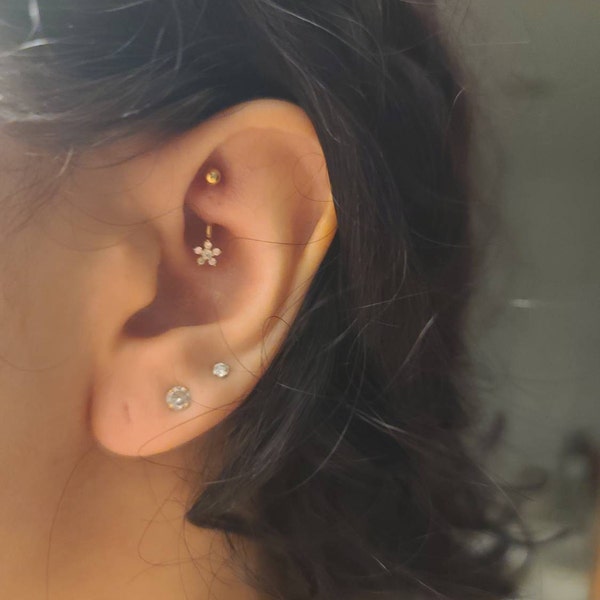 14k Solid Gold Flower Rook Earring Gold Rook Piercing Eyebrow Ring ...