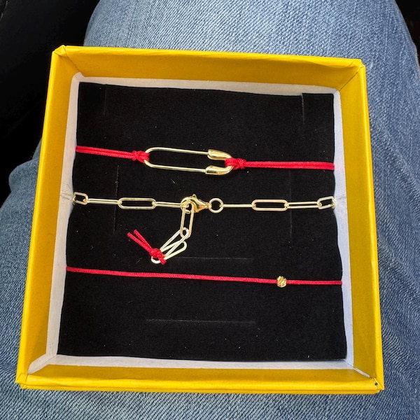 925 Safety Pin, Red String Bracelet, Paper Clip Bracelet, Minimal Gold ...