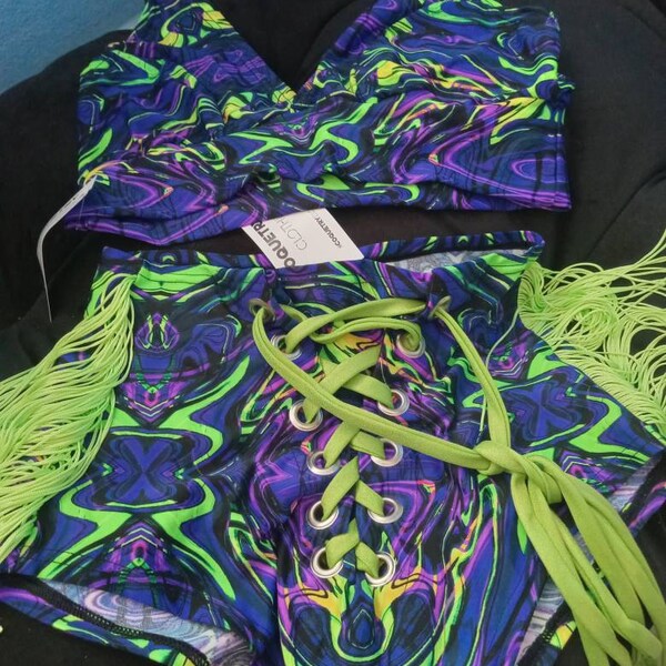 2PC Neon Melt Starlette Bralette & High Waist Siren Shorts With Front ...