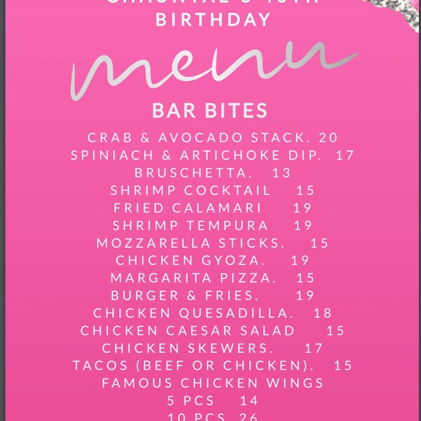 Pink and Silver Menu Card, Pink and Silver Agate Menu, Pink Birthday ...