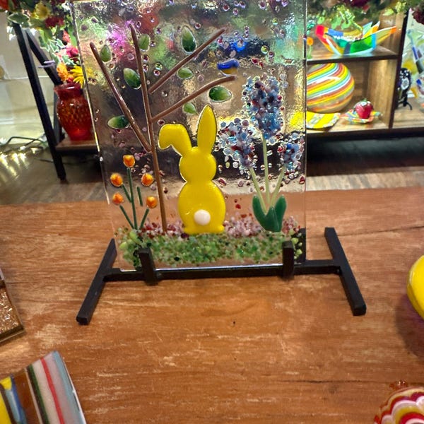 Yellow Bunny in a Flower Garden With Oak Stand, Fused Glass Rabbit ...