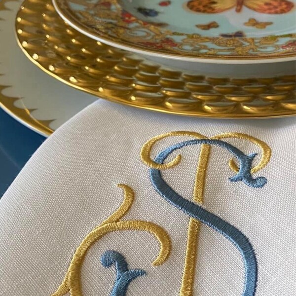 Embroidered Royal Dot Monogrammed Linen Dinner Napkins Set of Four - Etsy