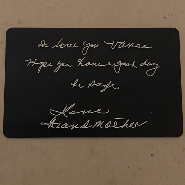 Your Handwritten Wallet Card, Engraved Anodized Black Metal Wallet ...