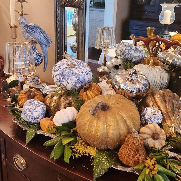 Set of 3, Blue French Toile Fall/thanksgiving Pumpkins - Etsy
