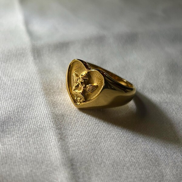 Gold Heart Ring Angel, Cupid Ring, Chunky Signet Rings, Waterproof Non Tarnish Y2K Jewelry ...