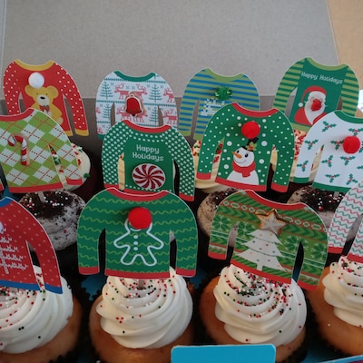 12 Ugly Sweater Cupcake Toppers, Holiday Party, Christmas Cake Toppers ...