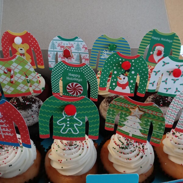 12 Ugly Sweater Cupcake Toppers, Holiday Party, Christmas Cake Toppers ...