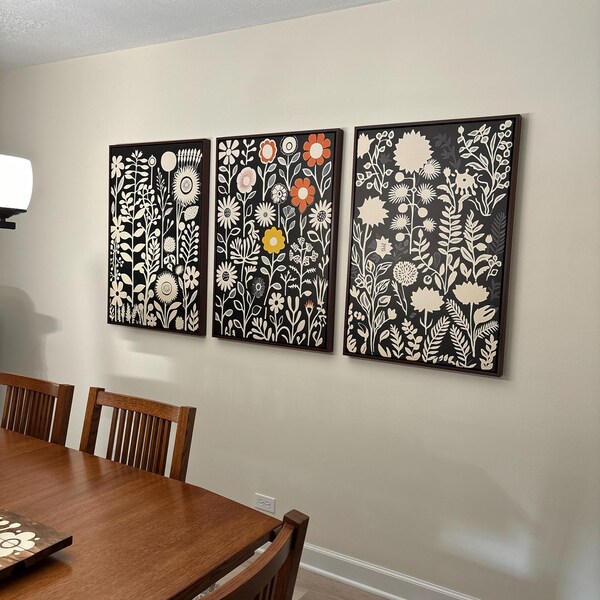 Boho Style Framed Wall Art 3 Panel Set, Abstract Floral Botanical ...