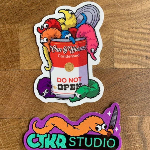 VS030 / Worm on a String Can of Worms Sticker / Funny Squirmy Worm ...