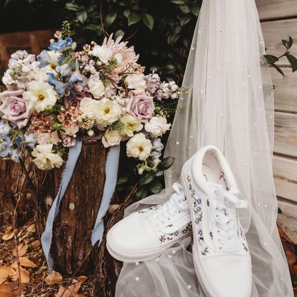 Wedding Vans for Bride and Groom, Blue Flowers Embroidered Vans Custom, Bridal Floral Embroidery ...