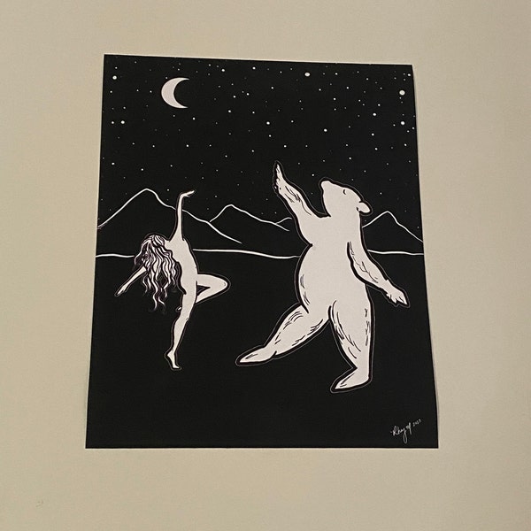 Star Dance Fine Art Print of Woman Dancing Joyfully With Bear Under the ...