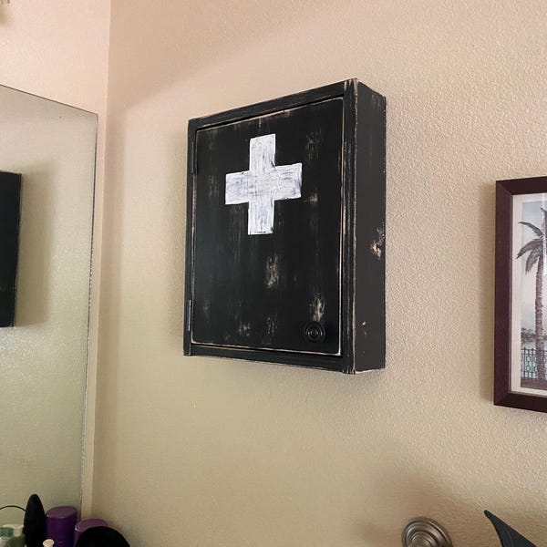 Distressed Red Medicine Cabinet - Handmade Painted White Cross First ...