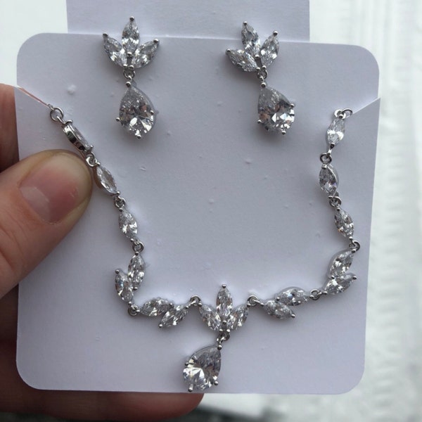 Dainty Bridal Necklace and Earring Set Silver Wedding Jewelry Set Rose ...