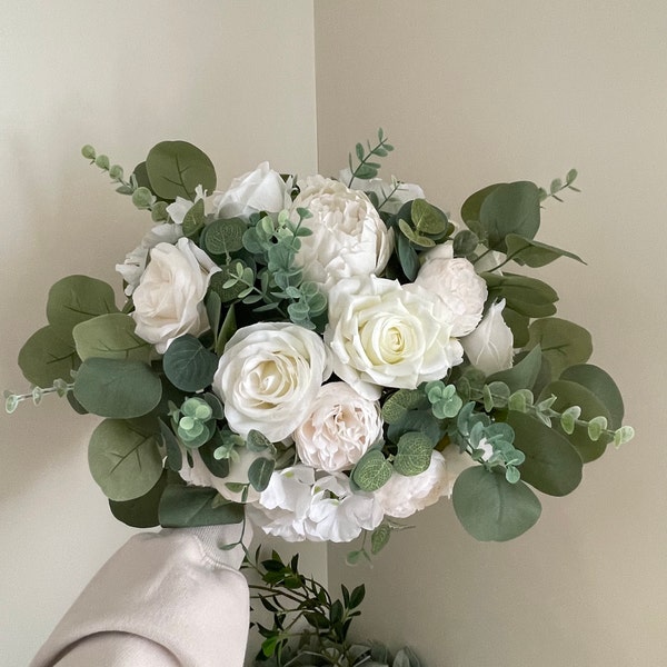 Ivory White & Greenery Bouquet, Wedding Bouquet, Bridal Bouquet ...