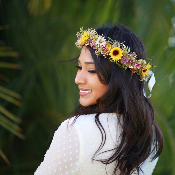 Sunflower & Wild Daisy Flower Crown - Sunflower Bridal Halo - Rustic ...