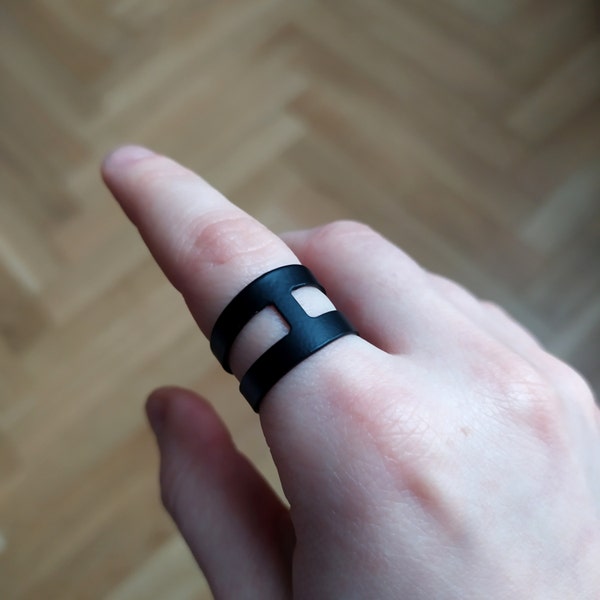 Double Black Adjustable Womens Ring, Matte Black Chevron Minimal Open ...