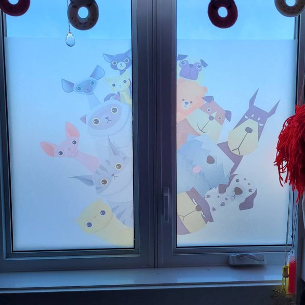 Window Privacy Film Frosted UV Blocking Window Film Cute Cat Dog ...