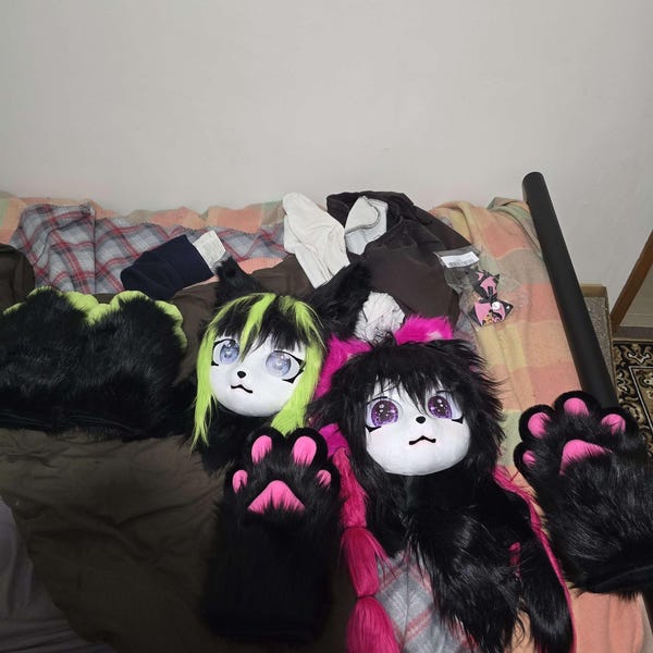 Lime Green Black Cat Fursuit Paws-soft Furry Gloves for Cosplay and ...
