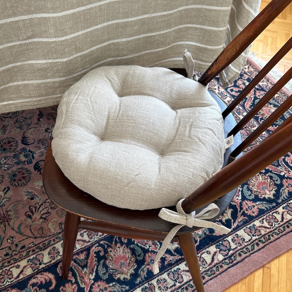 Linen Chair Cushion With Ties - Striped Seat Pad - Natural Chair Pillow ...