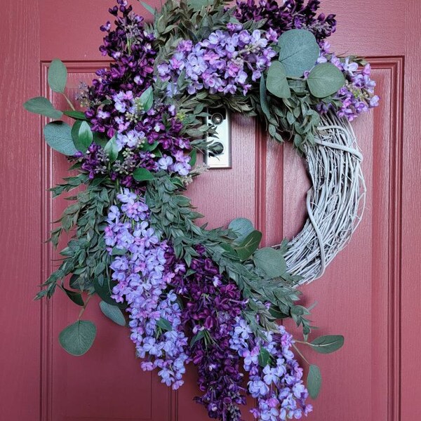 Lilac Spring Wreath With Draping Eucalyptus and Ruscus on a Whitewashed ...
