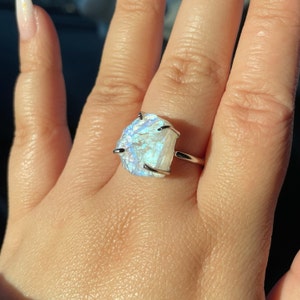 Raw Moonstone RHODIUM PLATED Ring , Raw Crystal Ring, Rainbow Moonstone ...
