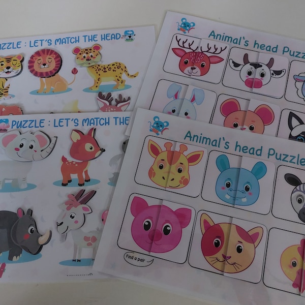 Animal Head Matching Puzzle Activity for Toddler Homeschool Printable ...