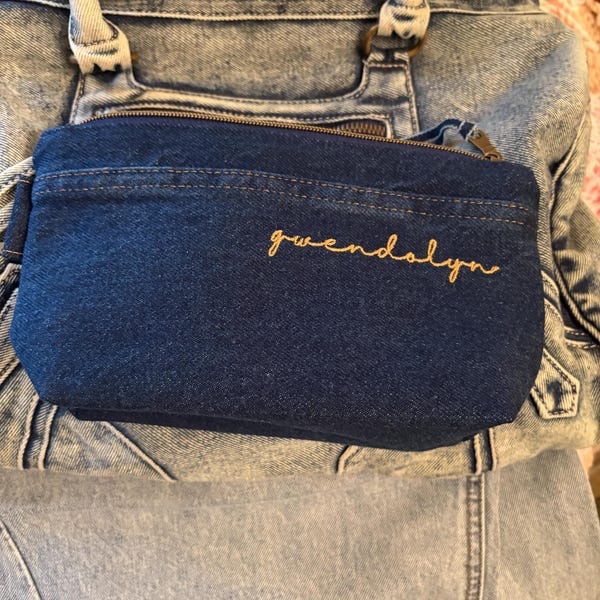 Personalized Upcycled Denim Zipper Pouch: Embroidered Makeup Bag Made ...