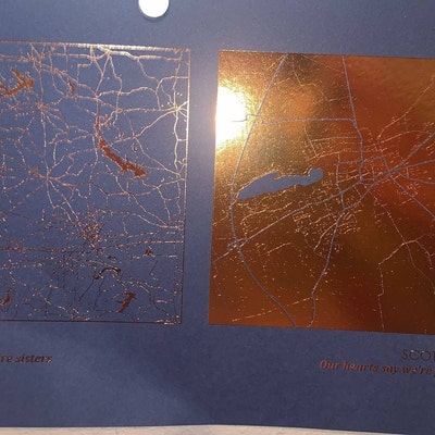 A4 Any Two Locations Metallic Map Print, Custom Multi Location Foil Map ...