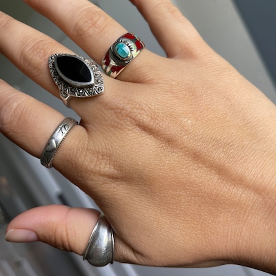 Vintage Sterling Silver Natural Turquoise, Red Coral Ring Size 6 - Etsy