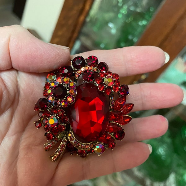 Red Rhinestone Flat Back Embellishment or Brooch AB Red and Gold Tone ...